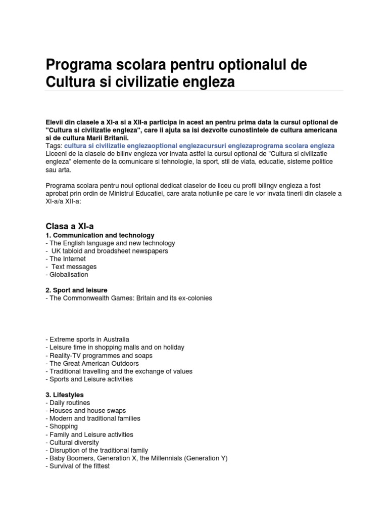 Programa Scolara: Cultura si Civilizatie Engleza | PDF | United Kingdom ...