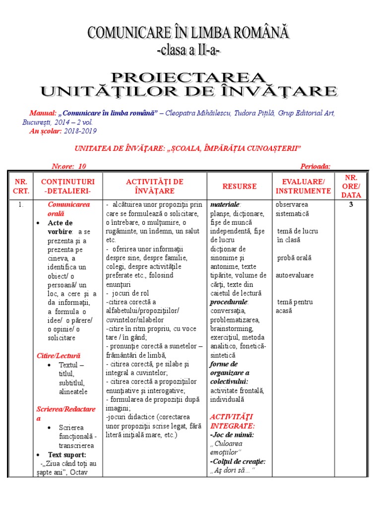 Clr Clasa a Iia Proiectarea Unitatilor de Invatare