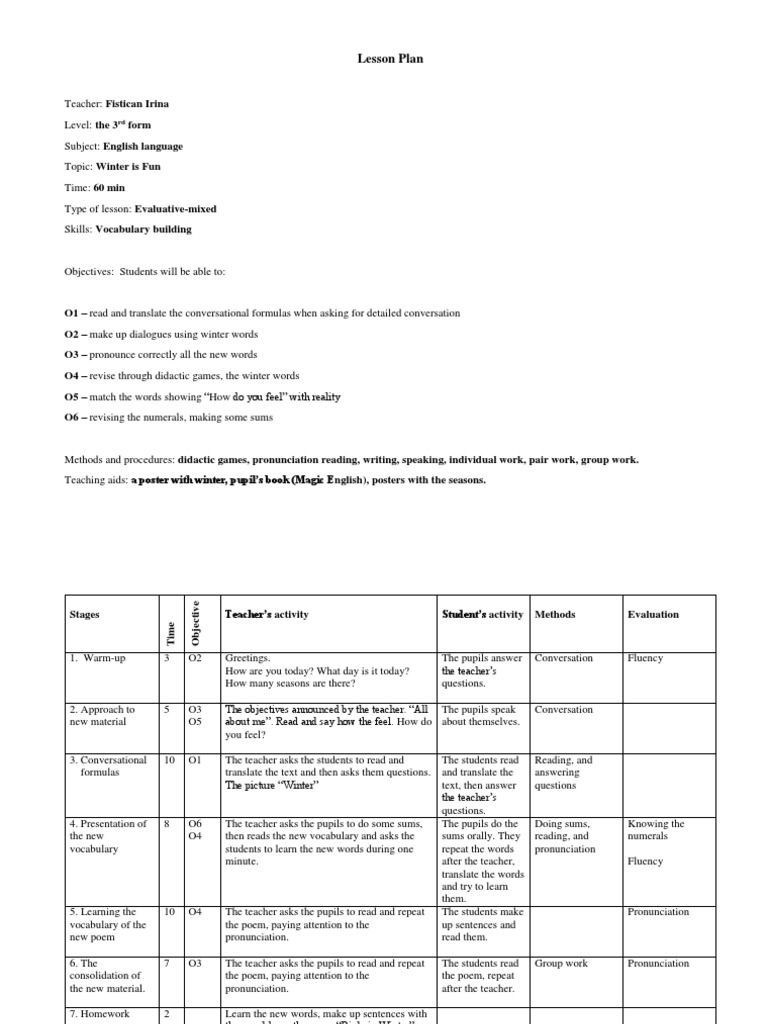 Lesson Plan Winter Is Fun. 3rd Form | Download Free PDF | Lesson Plan ...