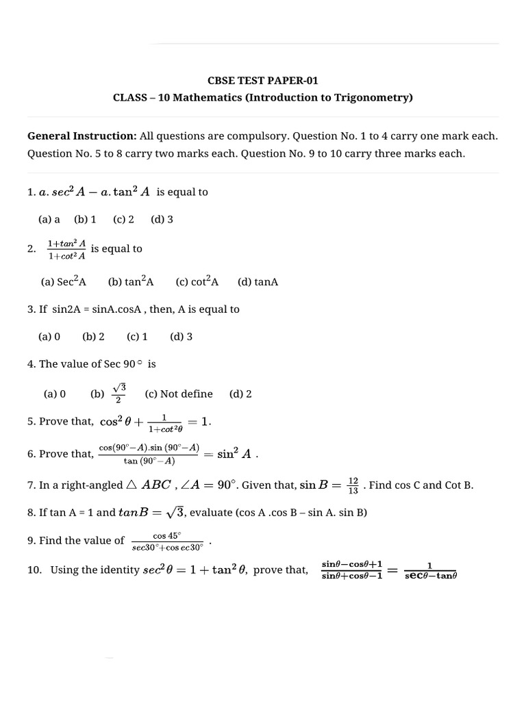 Cbse Test Paper-01 CLASS - 10 Mathematics (Introduction To Trigonometry ...