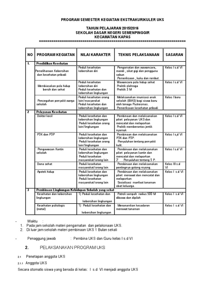 Program Semester Kegiatan Ekstrakurikuler Uks | PDF
