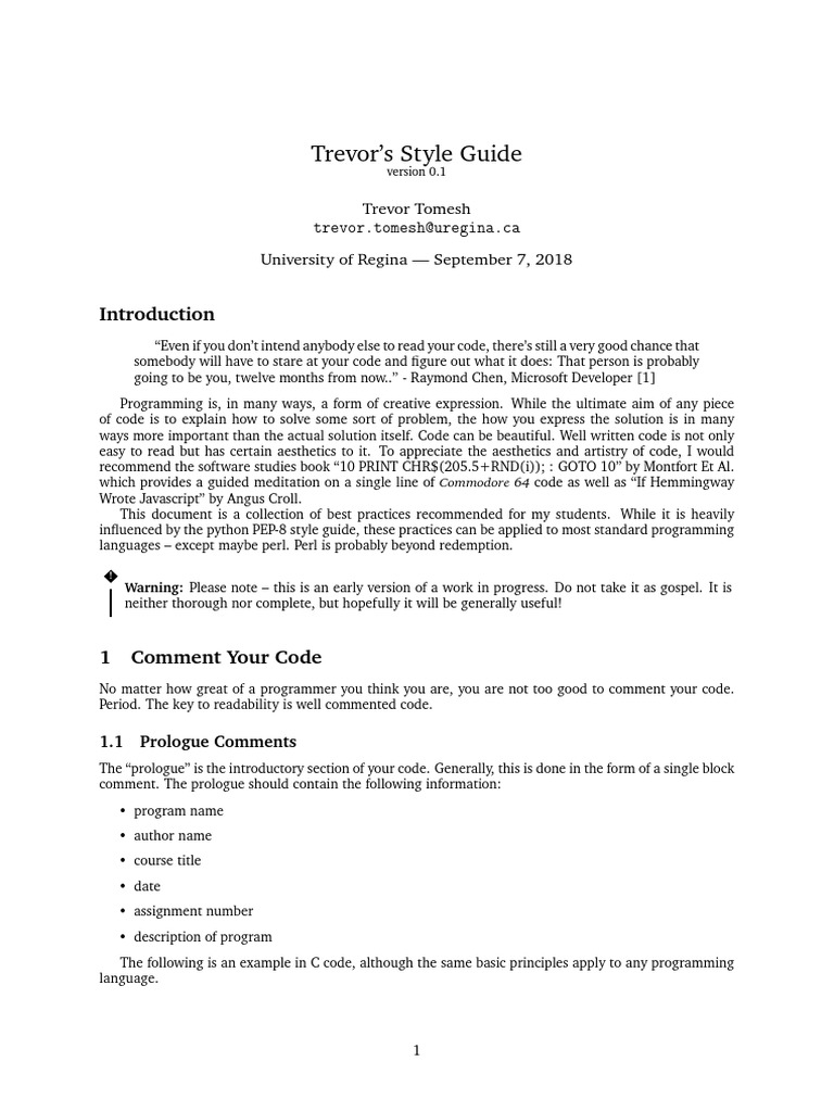 Trevor's Coding Style Guide (Version 0.1) | PDF | Integer (Computer ...