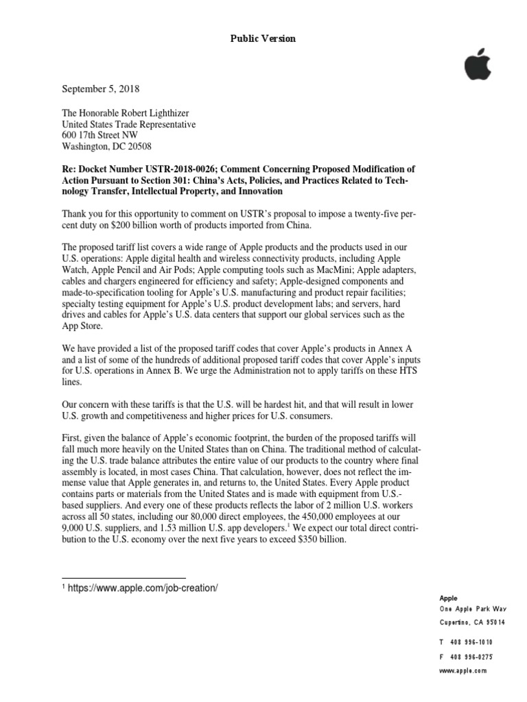 Apple Letter On Tariffs | Download Free PDF | Apple Inc. | Tariff