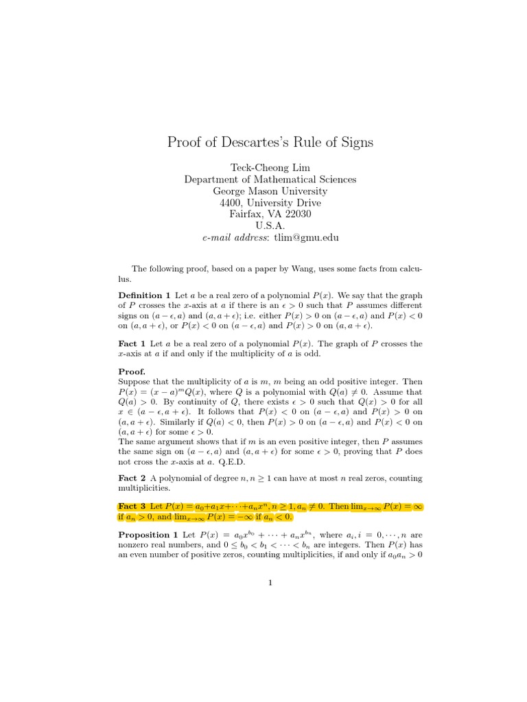 Descartes Rule of Signs Proof | PDF | Integer | Theorem