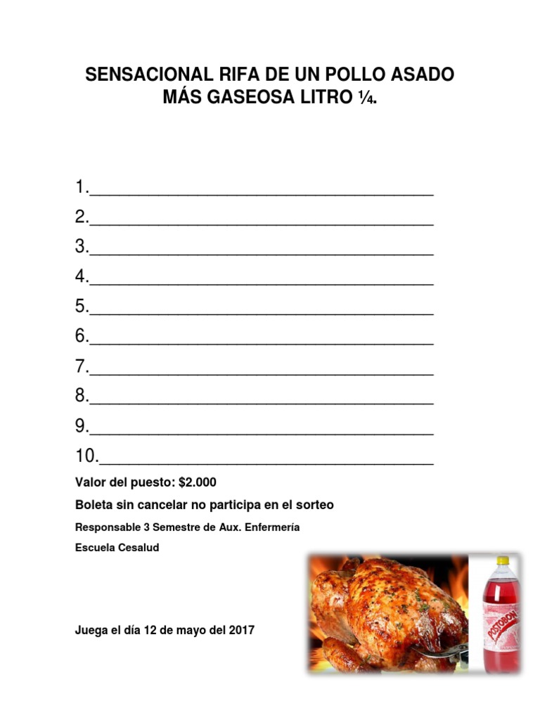 Sensacional Rifa de Un Pollo Asado Más Gaseosa Litro 1 | PDF