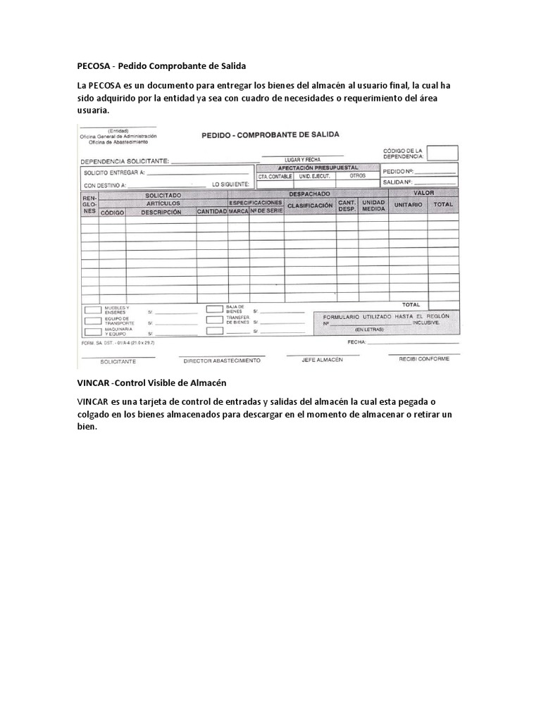 PECOSA - Pedido Comprobante de Salida | PDF