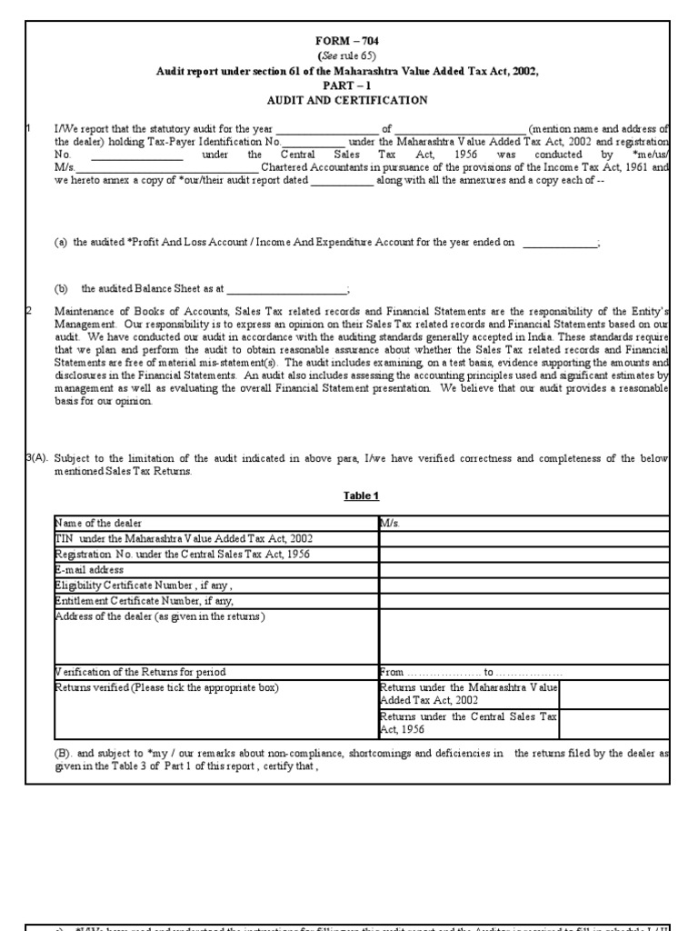 FORM - 704 Audit Report Under Section 61 of The Maharashtra Value Added ...