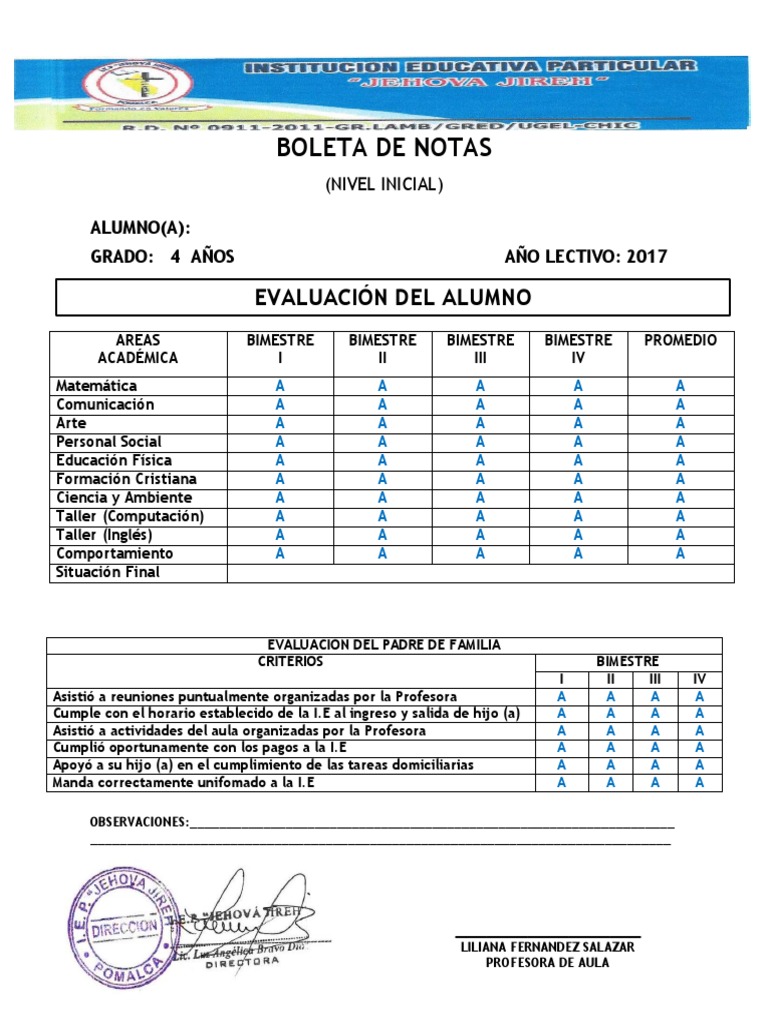 Boletas de Notas Inicial y Primaria | PDF | Salón de clases | Maestros