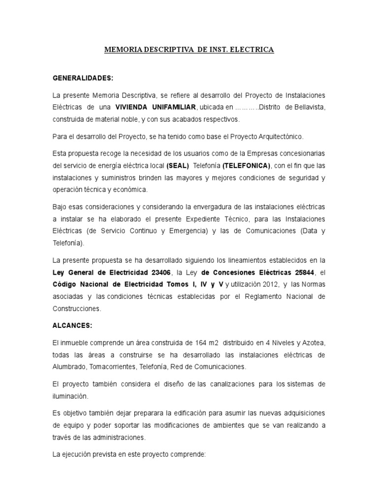 Memoria Descriptiva de Inst. Electrica | PDF | Encendiendo | Energia electrica