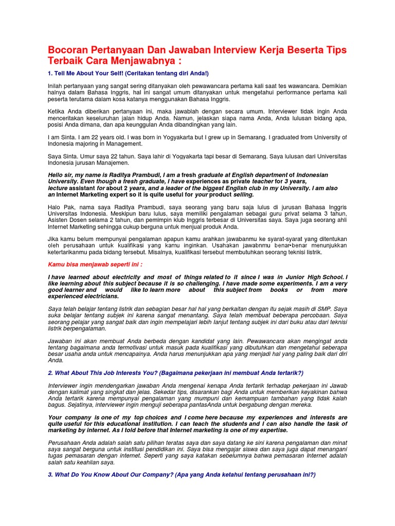 Bocoran Pertanyaan Dan Jawaban Interview Kerja Beserta Tips Terbaik Cara Menjawabnya | PDF
