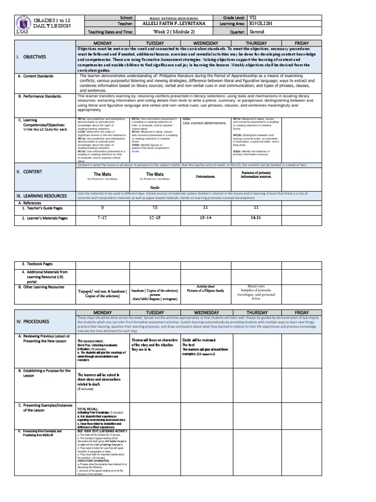 DLL - 2nd Quarter - wk2 | PDF | Reading Comprehension | Learning