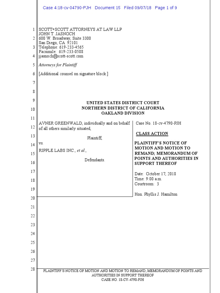 Greenwald V Ripple, 9/7/18, Motion To Remand | PDF | Diversity ...