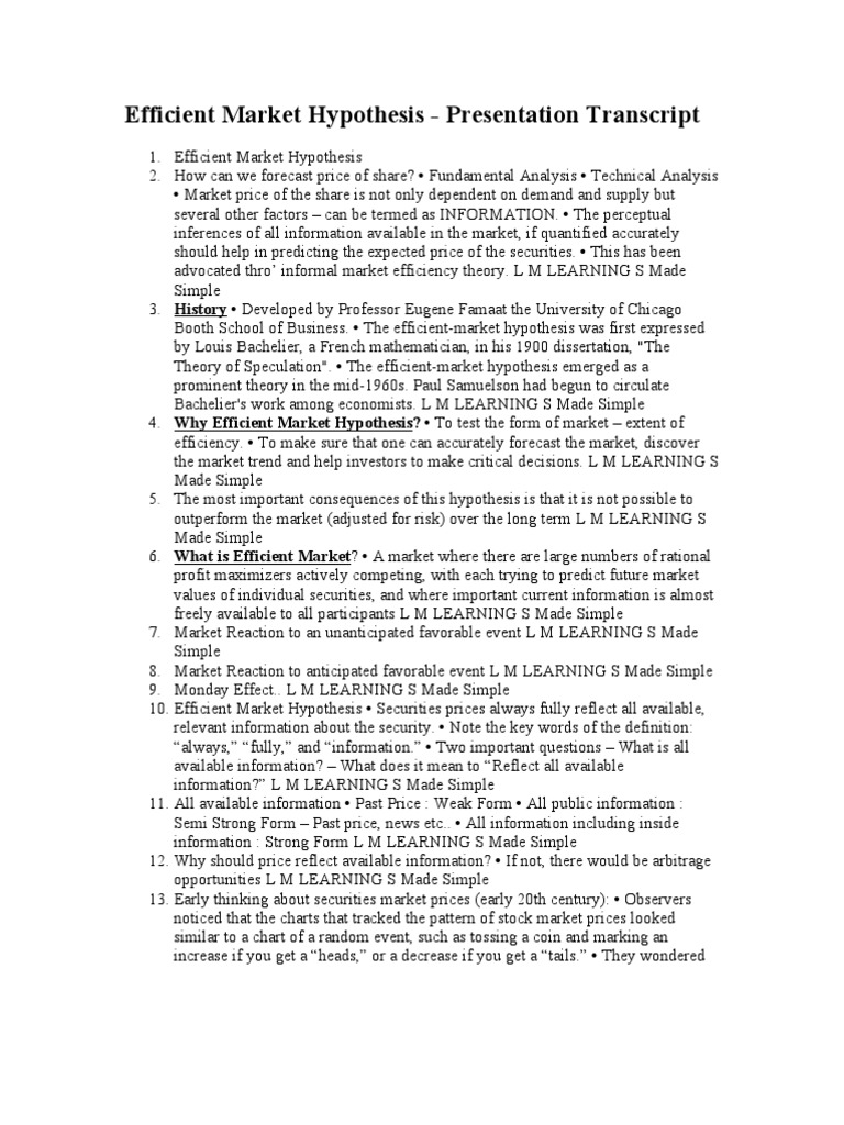 Efficient Market Hypothesis Pdf Efficient Market Hypothesis