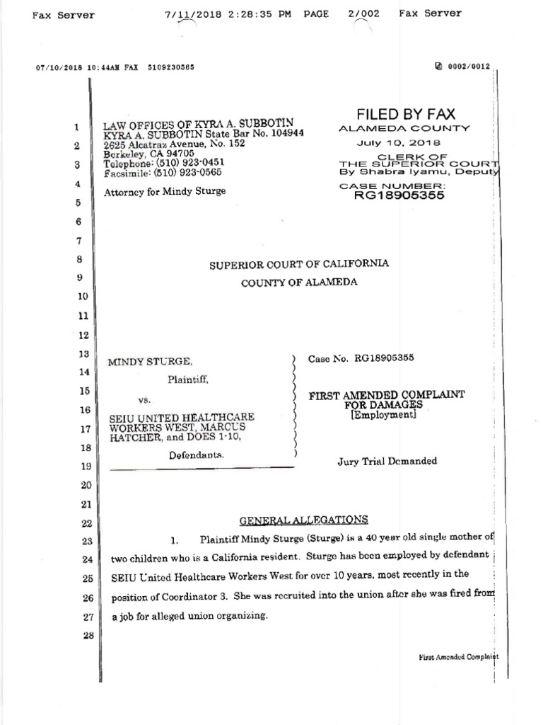 Mindy Sturge Vs SEIU-UHW and Marcus Hatcher (July 10, 2018) | PDF ...