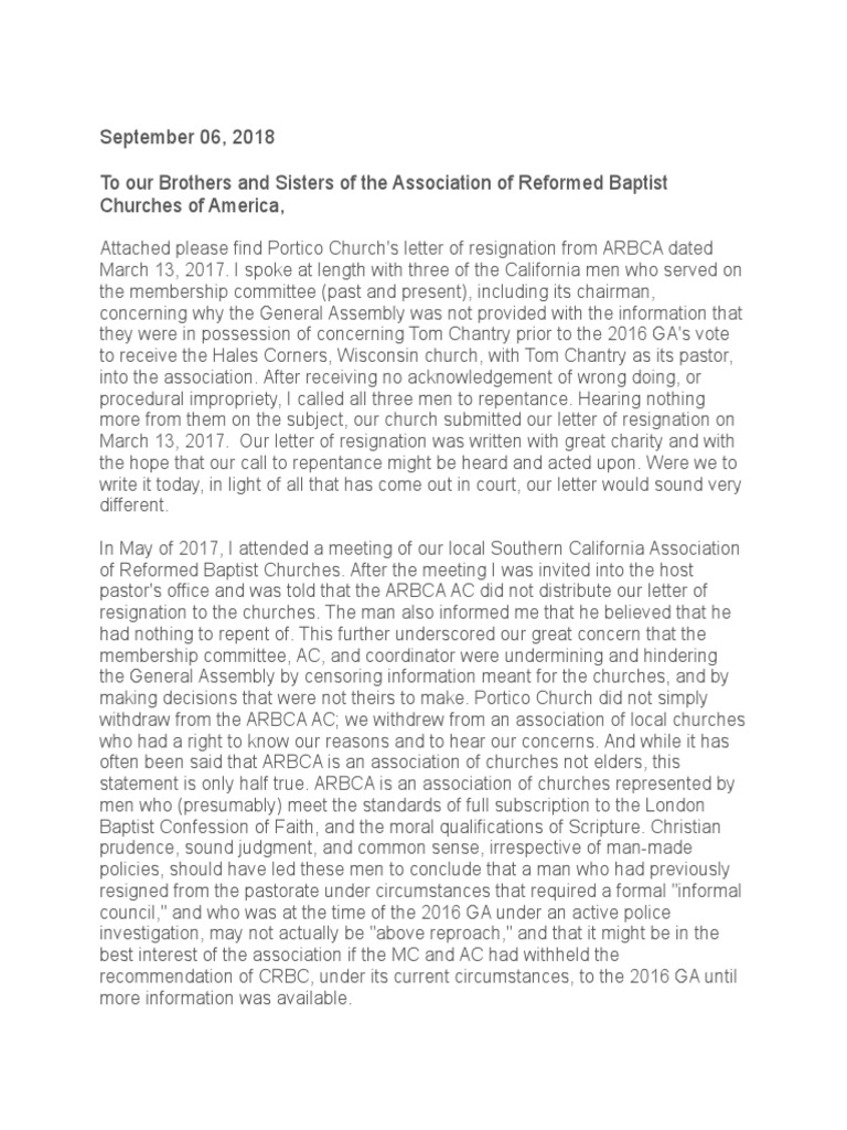 Portico Church Letter of Resignation From ARBCA | PDF | Grace In ...