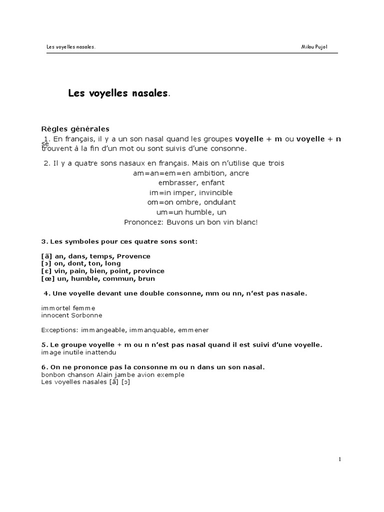 Les Voyelles Nasales | PDF | Voyelle | Phonétique