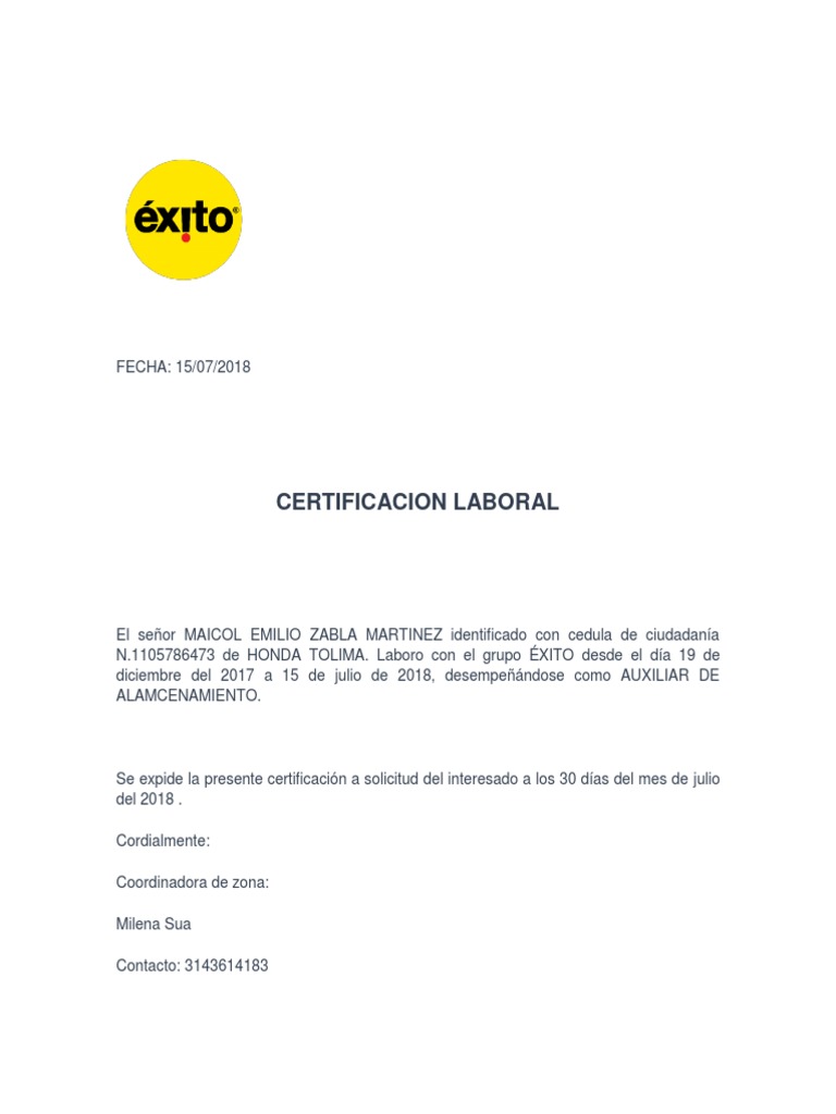 Certificación Laboral de Maicol Zabla | PDF