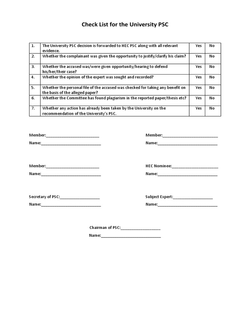 University PSC Decision Checklist | PDF