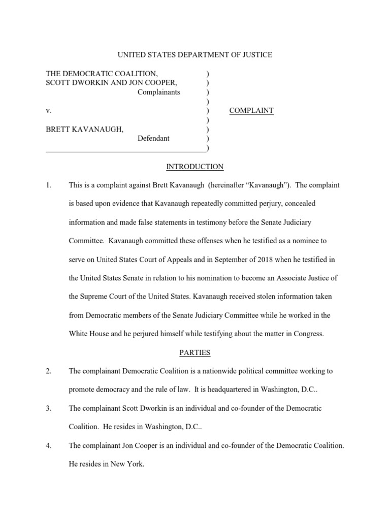 Criminal Complaint Against Brett Kavanaugh File With The Department of ...