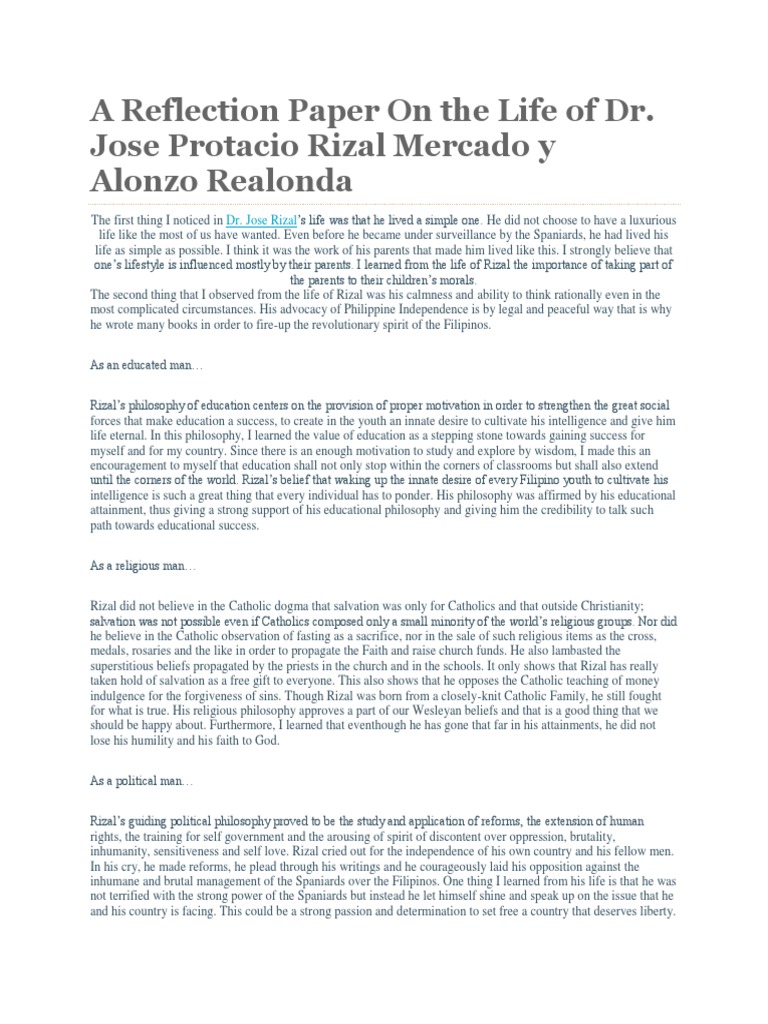 A Reflection Paper On The Life of Dr. Jose Rizal | Download Free PDF ...