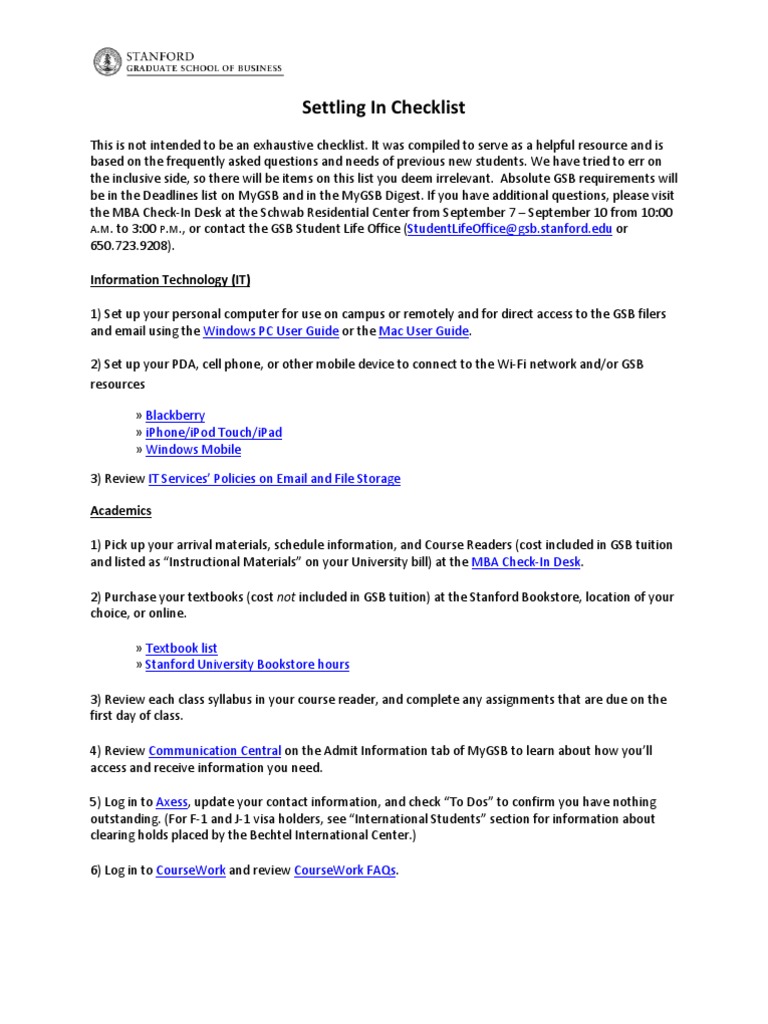 GSB Settling In Checklist | PDF | Identity Document | Computing