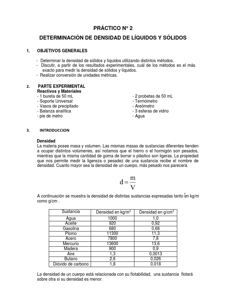 PRÁCTICO N°2.- DENSIDAD | Densidad | Cantidades fisicas
