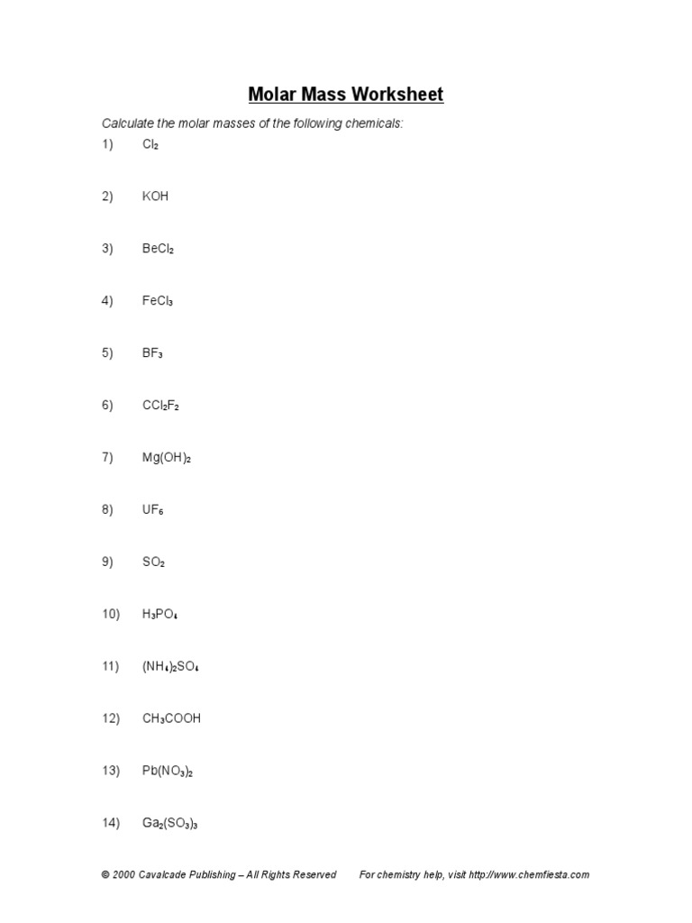 Molar Mass Worksheet: Calculate The Molar Masses of The Following ...