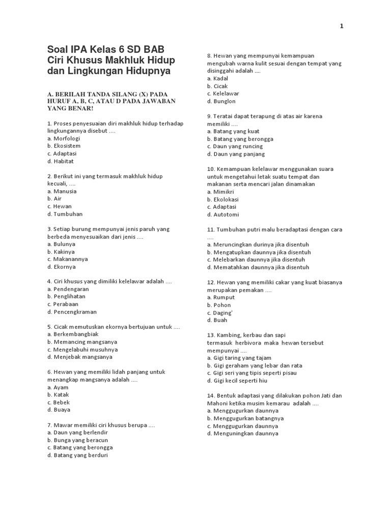 Soal IPA Kelas 6 SD BAB Ciri Khusus Makhluk Hidup Dan Lingkungan Hidupnya | PDF | Griya & Taman ...