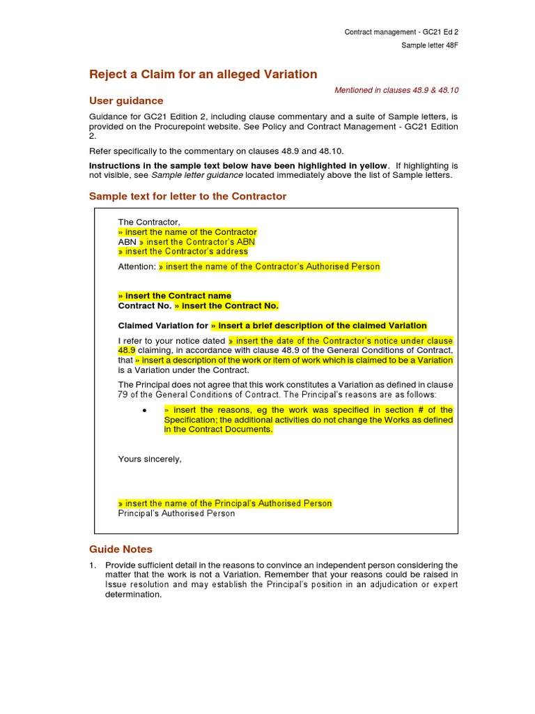48f Reject A Claim For An Alleged Variation | PDF