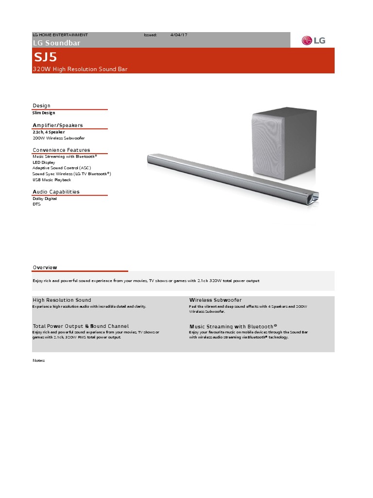 Soundbar SJ5 Spec Sheet - 040417 | PDF | Bluetooth | Hdmi