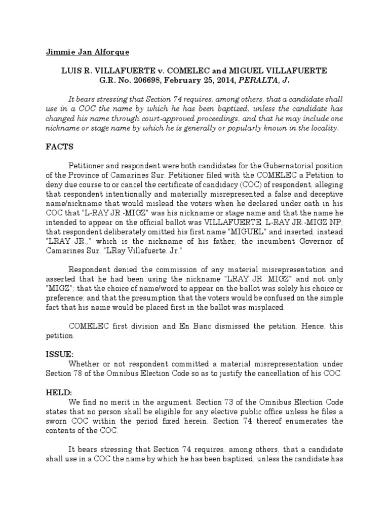 Alforque - Luis R. Villafuerte v. Comelec and Miguel Villafuerte | PDF ...