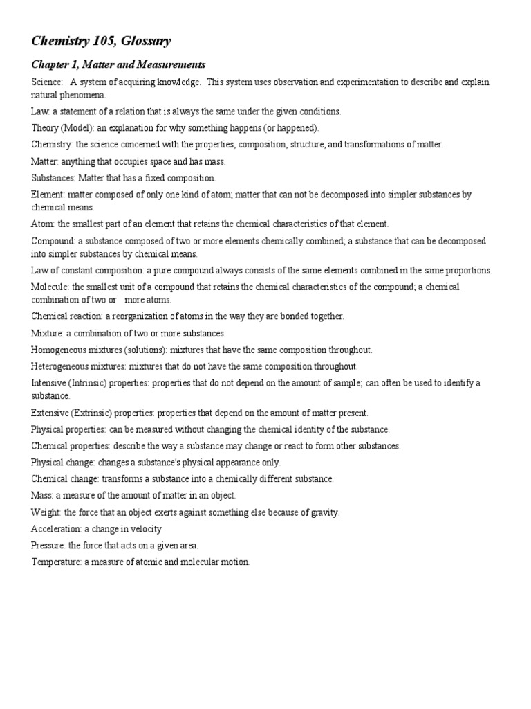 Chemistry 105, Glossary: Chapter 1, Matter and Measurements | PDF ...