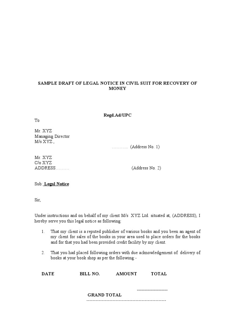 Sample Draft of Legal Notice in Civil Suit For Recovery of Money | PDF ...