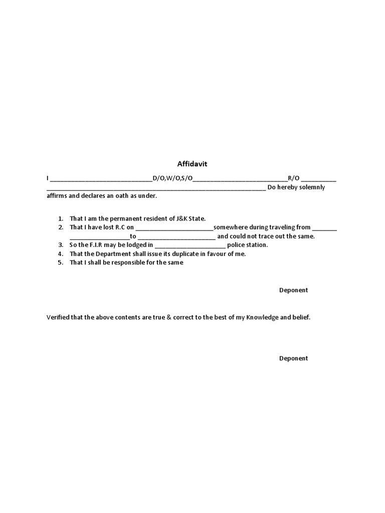 Affidavit for Lost R.C. in J&K | PDF