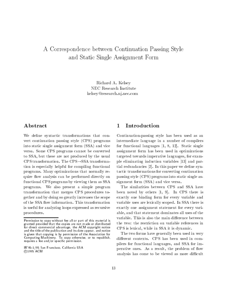 A Correspondence Between Continuation Passing Style and Static Single Assignment Form - Kelsey R ...