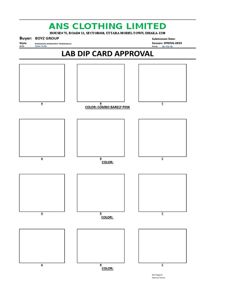 Lab Dip Card Approval: Ans Clothing Limited | PDF