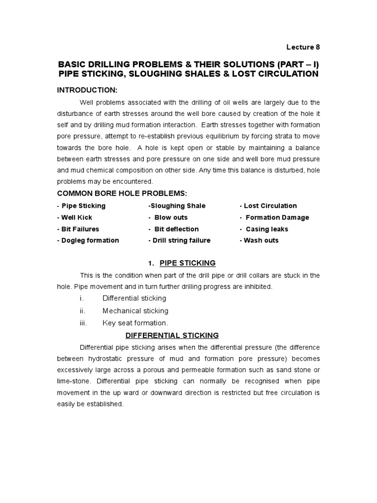 Basic Drilling Problems & Their Solutions (Part - I) Pipe Sticking ...