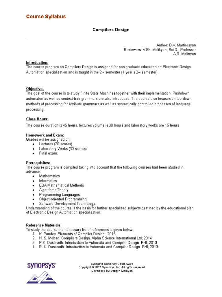 Compilers Design Syllabus 5-25-2017 | PDF | Syntax (Logic) | Metalogic