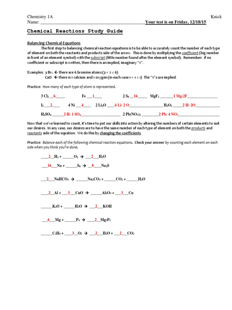 Chemical Reactions Study Guide Key | PDF | Chemical Reactions ...