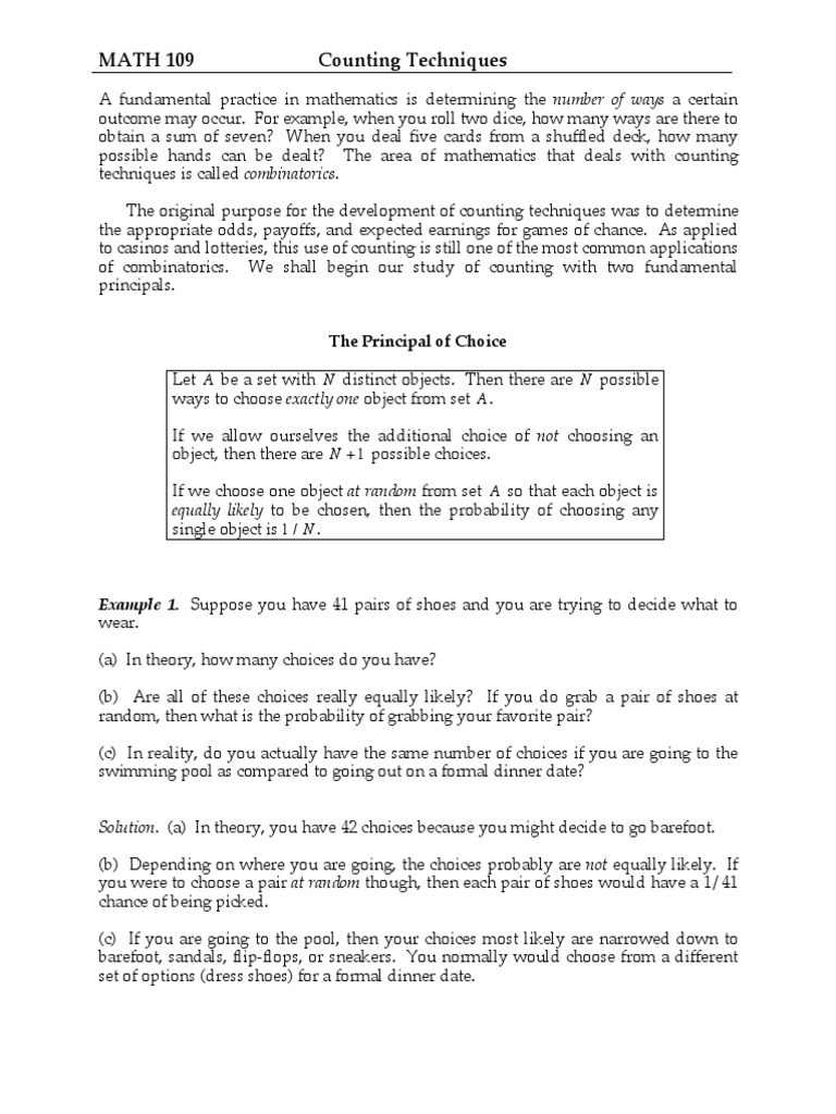 MATH 109 Counting Techniques: The Principal of Choice | PDF | Randomness | Probability