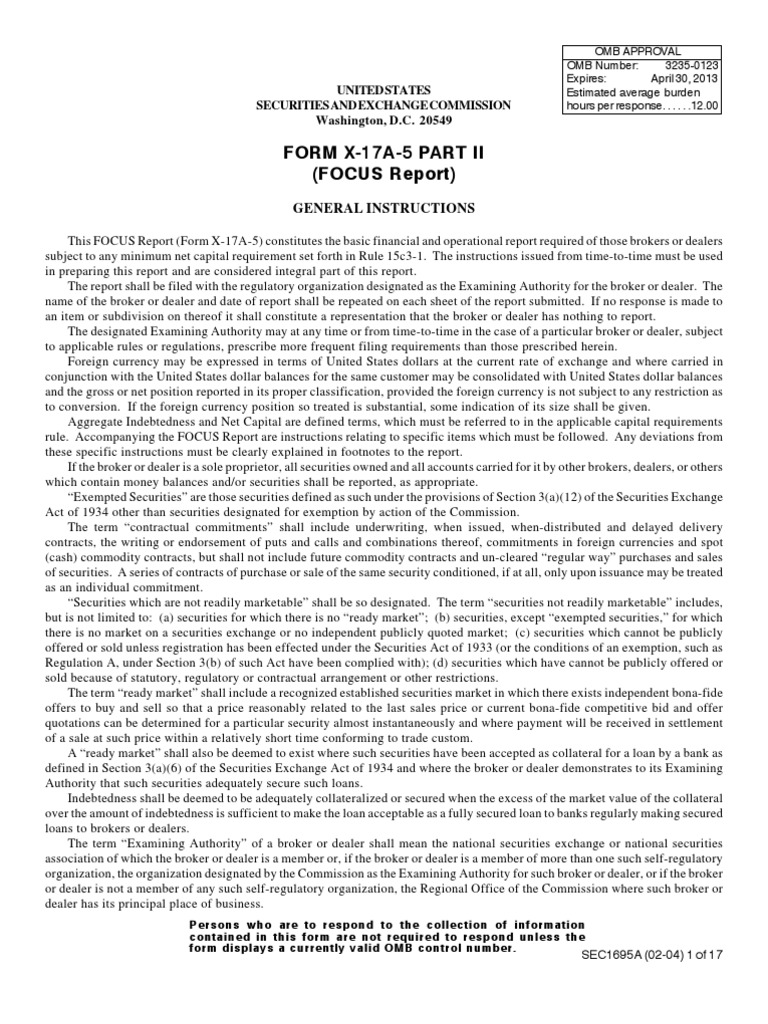 Form X-17A-5 Part Ii (FOCUS Report) : General Instructions | PDF ...