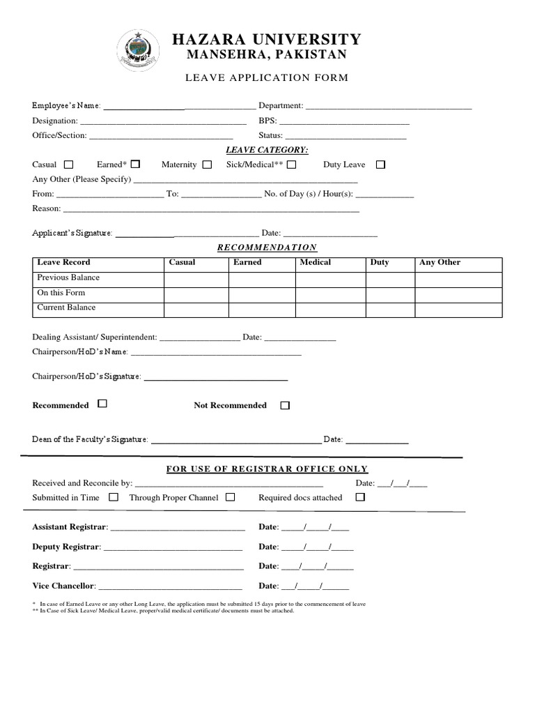 HAZARA UNIVERSITY Leave Application Form | PDF | Justice | Crime & Violence