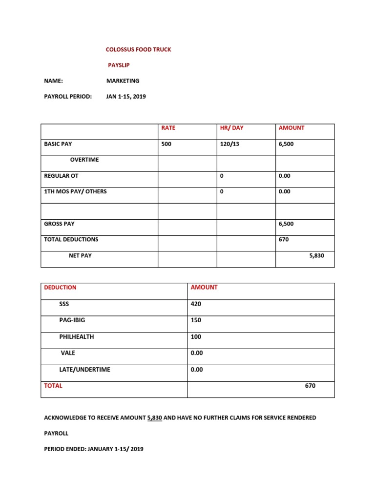 Colossus Food Truck Payslip: Rate HR/ Day Amount | PDF