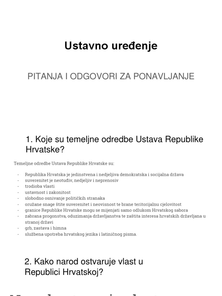 Ustavno Uređenje - DRŽAVNI STRUČNI ISPIT - PITANJA I ODGOVORI | PDF