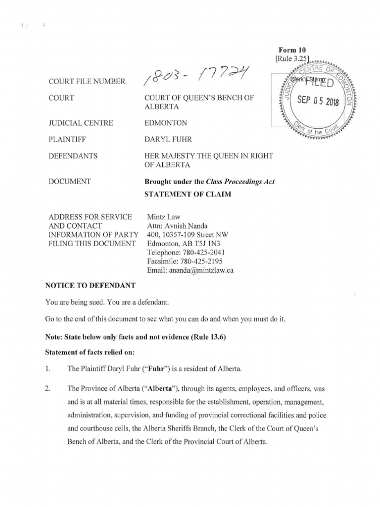 Statement of Claim — Fuhr v. Alberta | Remand (Detention) | Damages