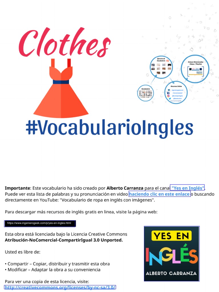 Vocabulario de la ropa en inglés con imagenes PDF y ejercicio - Prendas ...