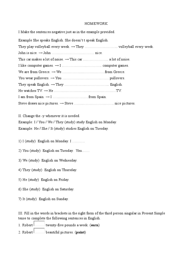 Present Simple Homework s1 | PDF