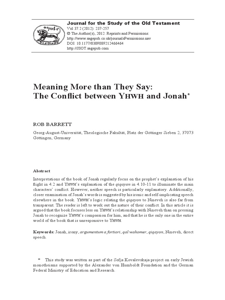 Meaning More Than They Say: The Conàict Between Y and Jonah: Journal ...