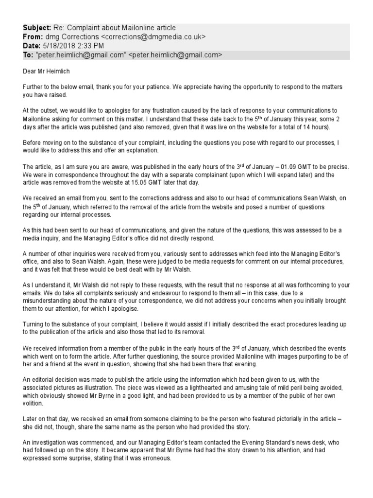 5/18/18 e-mail to me from MailOnline Editorial Compliance Manager Paul ...