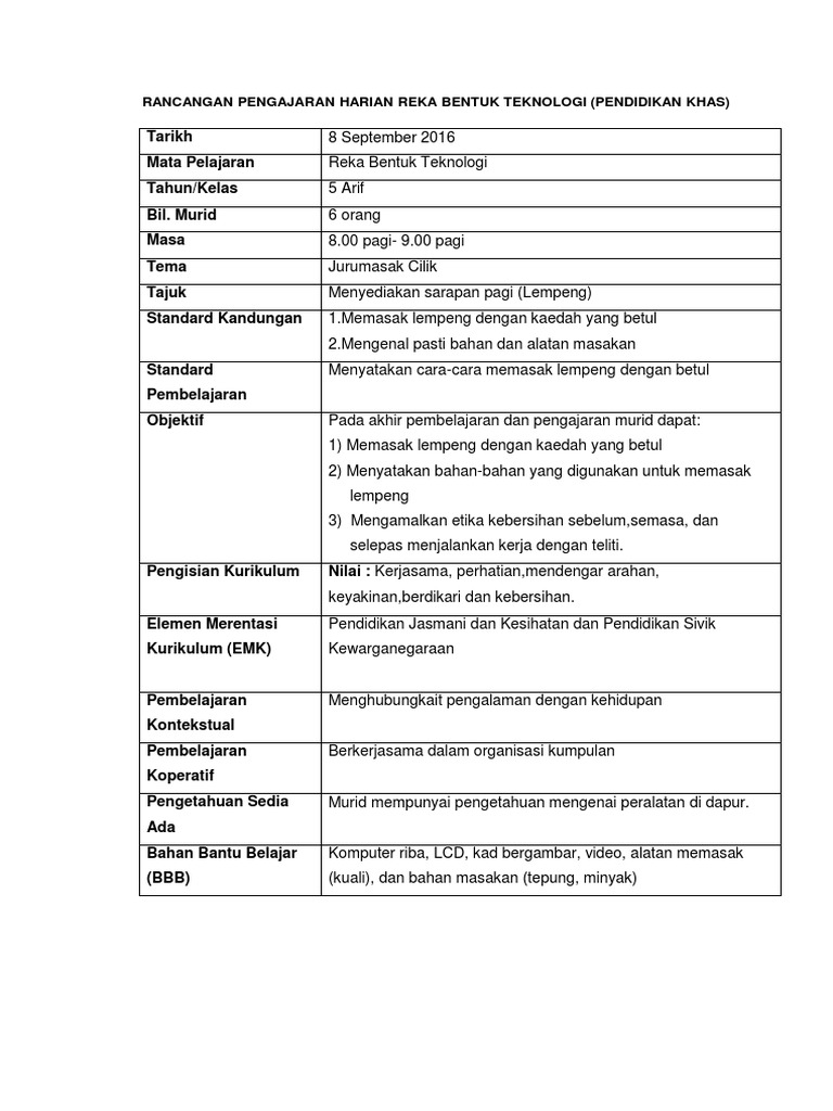 Rancangan Pengajaran Harian Pengurusan Diri Pendidikan Khas | PDF
